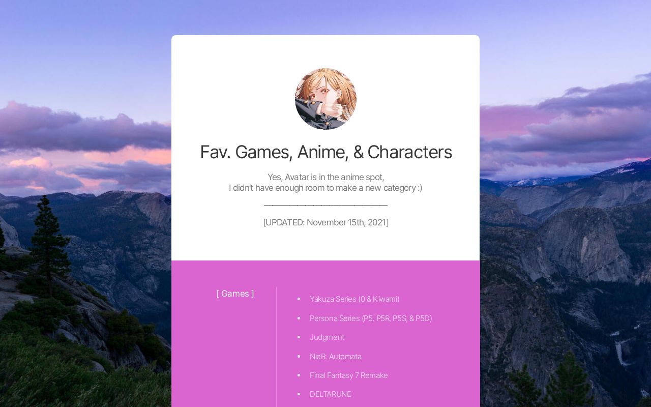 Arkos’ Fav Games, Anime, & Characters
